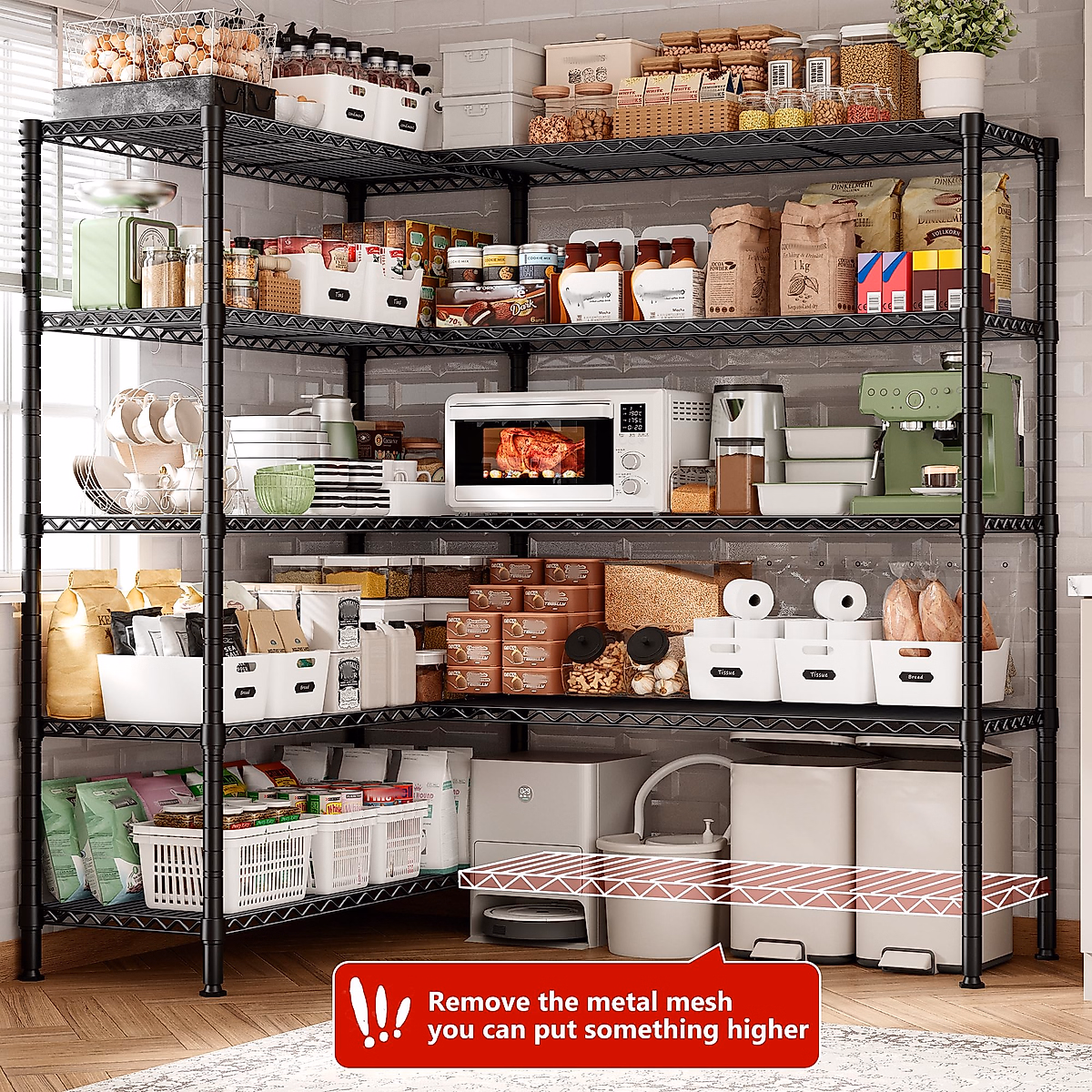 REIBII 69" W Storage Shelves Heavy Duty Load 1600LB,Garage Shelving 5-Tier Wire Shelving Unit Metal Shelves for Storage Adjustable Shelving Rack for Pantry Kitchen Bathroom 69" Wx15.75 Dx72.5 H