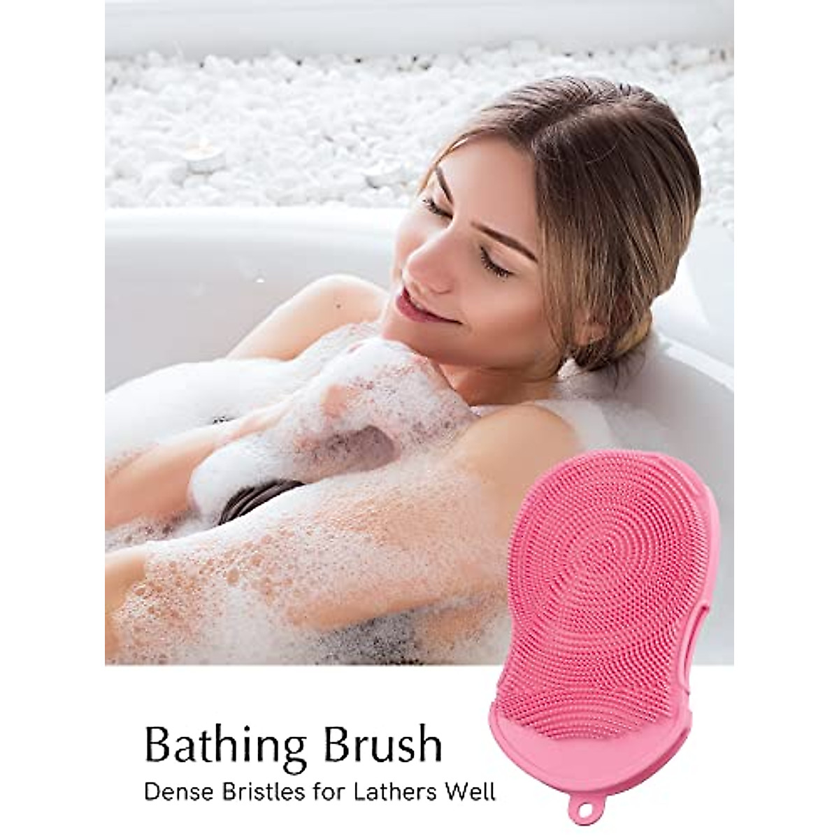 HEETA Silicone Body Scrubber and Hair Shampoo Brush, 2 in 1 Upgrade Scalp Massager Exfoliating Brush for Skin and Scalp Care - Silicone Loofah with Gentle Massage Nodes, Lathers Well (Pink)