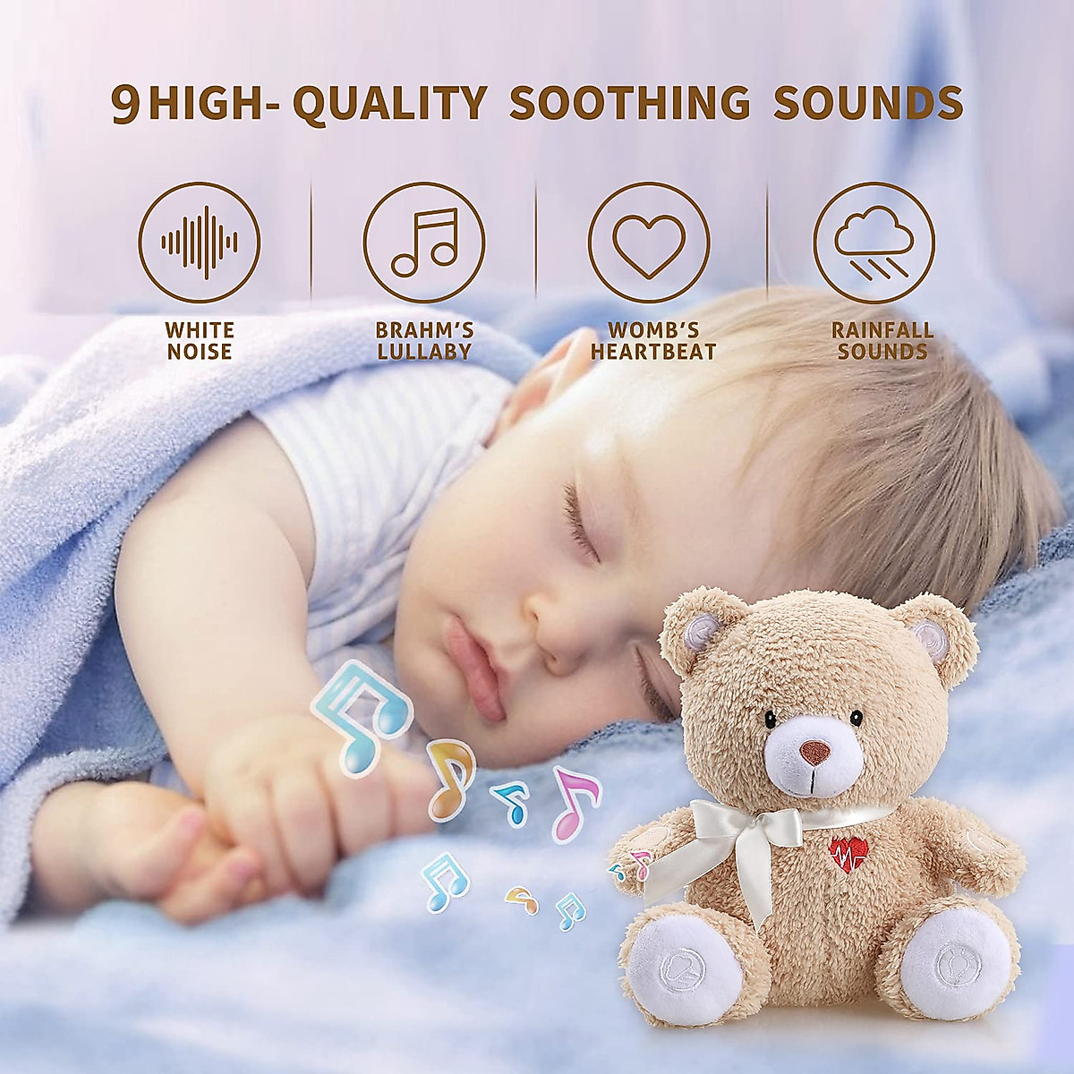 BEREST Baby Cry Activated Sleeping Aid Soother, White Noise Machine Infant Stuffed Animal Baby Gifts Bear Toy with Nursery Decor Night Light, Womb Heartbeat, 9 Soothing Sounds for Toddler Crib