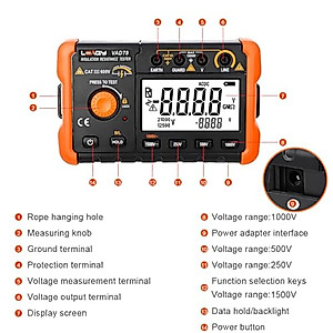 LEAGY VAD78 Digital Insulation Resistance Tester - Accurate Megohm Meter for DC/AC Voltage Testing (20-1500V, 20-750V) and Resistance Measurement (0-5000 Megohms)