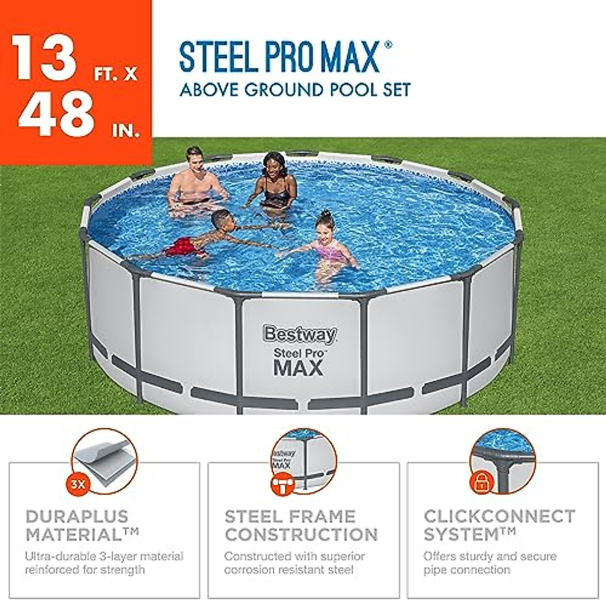 Bestway Steel Pro MAX 13 Foot x 48 Inch Round Metal Frame Above Ground Outdoor Swimming Pool Set with 1,000 Filter Pump, Ladder, and Cover