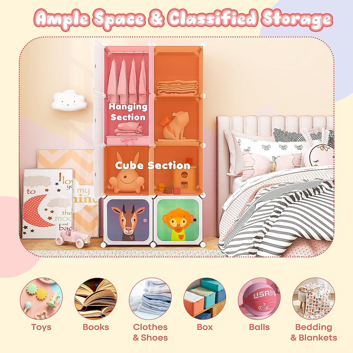 Costzon Kids Closet, Cartoon DIY Modular Dresser Storage Organizer with 8 Cubes & Clothes Hanging Rack, Portable Armoire for Baby Toddlers, Kids Wardrobe for Bedroom Nursery, Pink