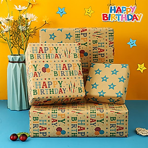 BOLIANNE Kraft Birthday Wrapping Paper Roll for Boys Girls Kids Men Women - Reversible Happy Birthday Gift Wrap Paper Roll for Holiday Party - 1 Gift Wrapping Paper Roll, 17.2 Inch X 33 Feet