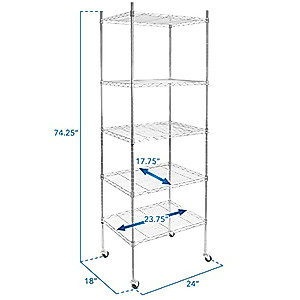 Mount-It! 5 Tier Wire Shelving with Wheels | - Rolling Garage Shelves, Closet Metal Racks with Shelves and Shelving or Utility Shelf for Laundry Room | Adjustable Shelf Height | No Tools Required