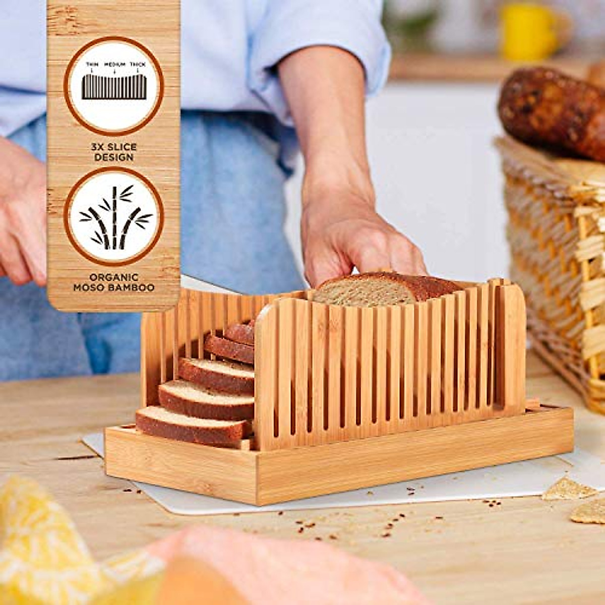 RAXXIO Bamboo Bread Slicer with Knife, Adjustable, Foldable and Compact with Crumb Tray, Bread Cutter for Homemade Bread, Loaf Cakes, Bagels Slicer, 3 Different Size Slices