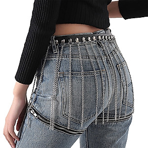 Ayliss Women Punk Waist Chain Belt Metal Tassel Pu Leather Vintage Rocker Fashion Dress Belt for Jean Pants Skirt Costume (Black #1)