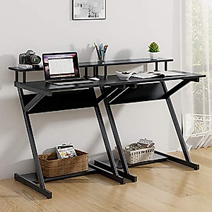 FITUEYES Computer Desk for Small Spaces,27.6" Z-Shaped Compact Study Table with Monitor & Bottom Shelves for Home Office, Black