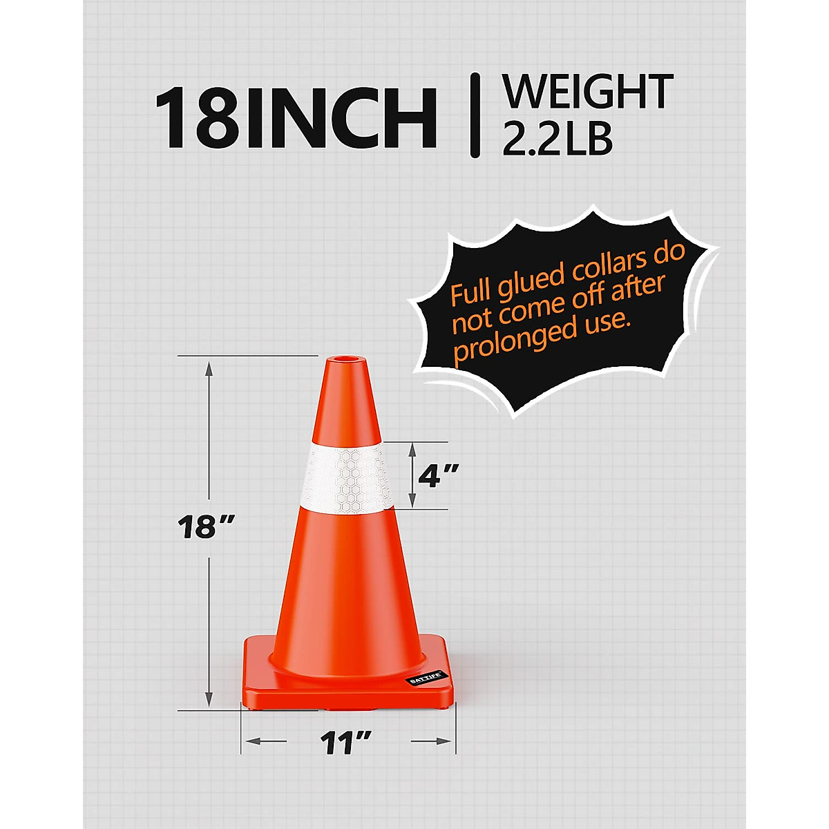BATTIFE 12Pack Traffic Safety Cones 18" inch with Reflective Collars PVC Orange Construction Cones for Home Driveway Road Parking Use