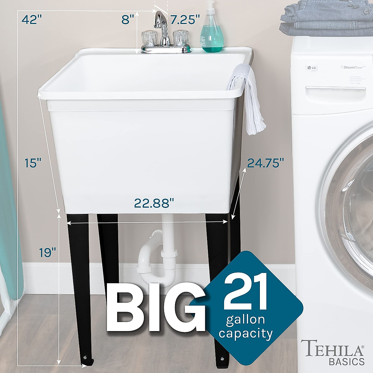 Tehila Basics by JS Jackson Supplies 21-Gallon White Freestanding Utility Sink with Chrome Finish 2-Handle Faucet, Heavy Duty Plastic Laundry Tub with Adjustable Legs