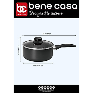 Bene Casa - Non-Stick Aluminum Saucepan with Lid - 2 Qt. Capacity - Oven and Dishwasher Safe - Cool Touch Handle