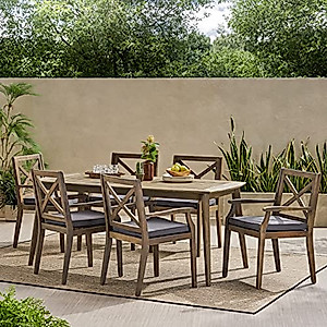 Christopher Knight Home Harvey Outdoor 7 Piece Acacia Wood Dining Set, Gray Finish/Gray Finish/Dark Gray