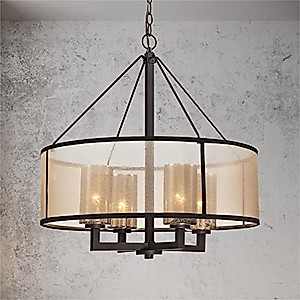 Elk Home Diffusion Modern 4-Light Chandelier-Oiled Bronze Metal, Beige Organza Fabric and Mercury Glass Shade, W24 X D24 X H25 Inch, Mid-Century Modern, Luxe Glam, LED and Dimmer Compatible