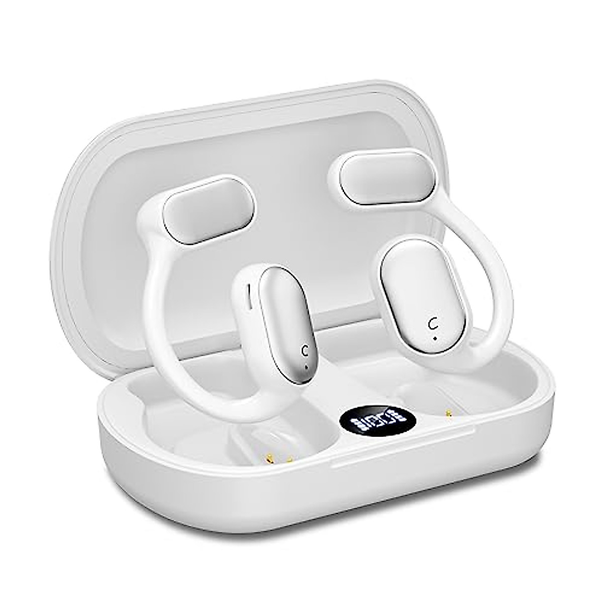 Open Ear Headphones Wireless Bluetooth Earbuds, Air Conduction Earbuds with Built-in Mic,Up to 30 Hours Playtime with Digital Display Charging Case,Waterproof Earphones for Android & iPhone - White