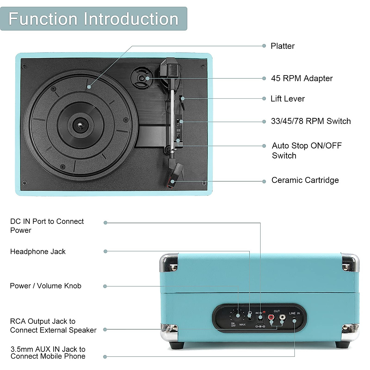 LP&No.1 Portable Suitcase Turntable with Stereo Speaker,3 Speeds Belt-Drive Vinyl Record Player,Classic Blue