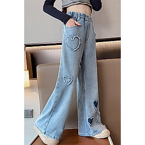 AOWKULAE Girls Heart Print Baggy Jeans Stretch Waist Wide-Leg Jeans, A2-Blue Heart, 13-14 Years = Tag 170