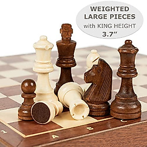 Magnetic Wooden Chess Set for Kids and Adults – 15 in Staunton Chess Set - Large Folding Chess Board Game Sets - Storage for Pieces | Wood Pawns - 2 Extra Queens