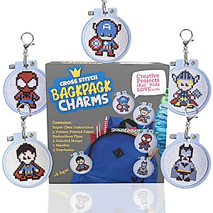 5 Stamped Superhero Cross Stitch Beginner Projects for Kids Needlepoint Starter kit Sewing Set for Backpack Charms…