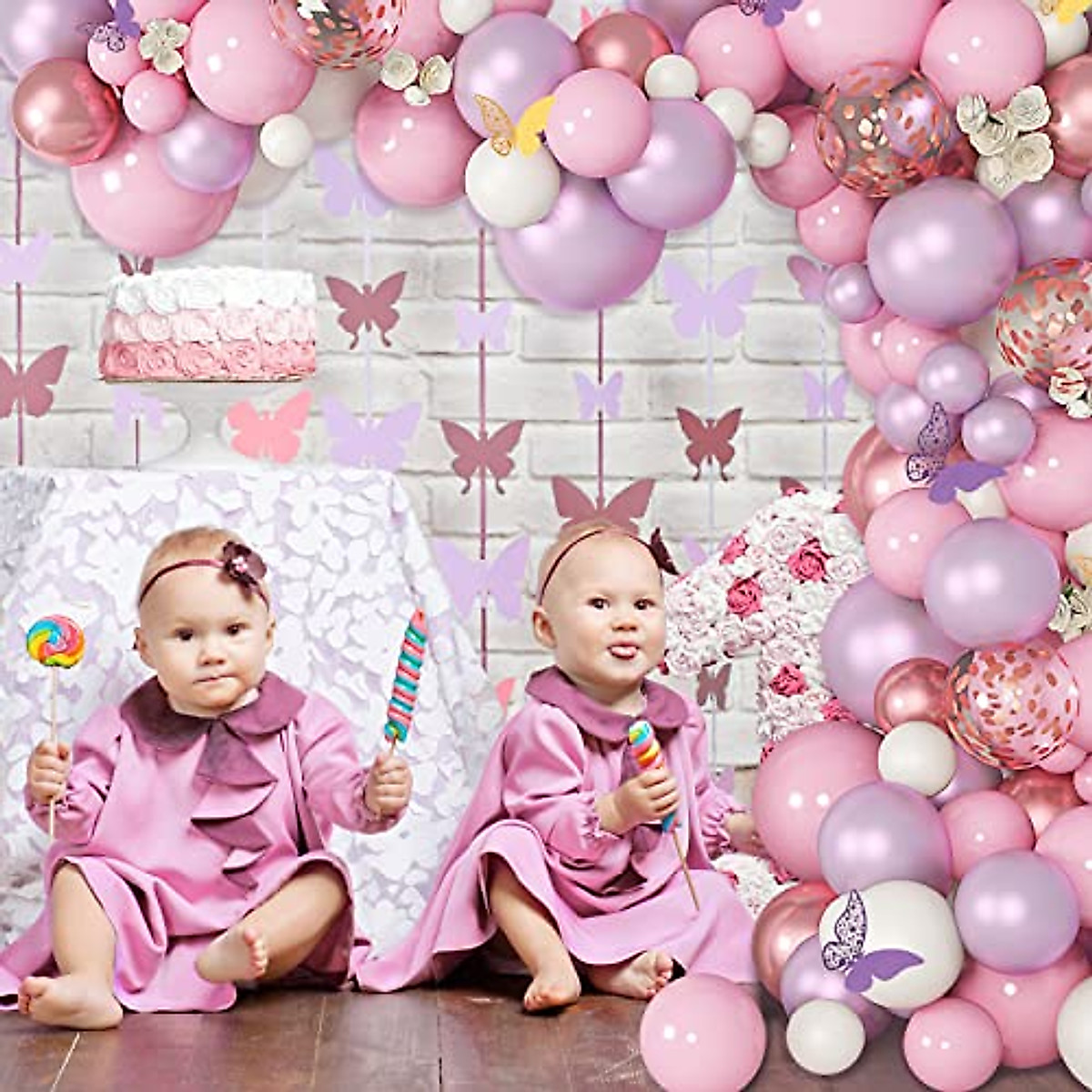 143Pcs Butterfly Pink and Purple Balloons Garland Arch Kit, Baby Shower Decorations for Girl Butterfly Stickers Pink Purple Rose Gold Confetti Balloons for Birthday Wedding Bridal Shower Decorations