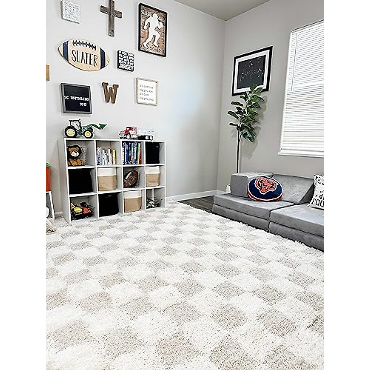 BoutiqueRugs Atira Modern Checkered Shag Area Rug - High Pile Fluffy Shag Rug for Kids Room, Nursery, Living Room, Bedroom, Dining Room - Beige, Cream, White - 6'7" X 9'6" (6x9 Area Rug)