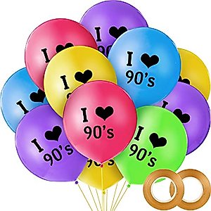 30 Pieces I Love 90s Balloons 90s Latex Balloons and 2 Rolls Gold Ribbons for 90s Themed Birthday Party Throwback Party Decorations, Assorted Colors