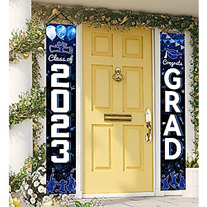 2023 Graduation Decorations-Class of 2023 Congrats Grad Porch Sign Banner,Door Hanging Welcome Banner for Blue Graduation Party Supplies