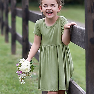 Gerber Baby Girls Toddler Buttery Soft Short Sleeve Twirl Dress with Viscose Made from Eucalyptus, Olive, 3T