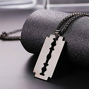 U7 Punk Jewelry Edgy Necklace with Black Wheat Rope Chain Ion Plating Black Men Razor Blade Pendant