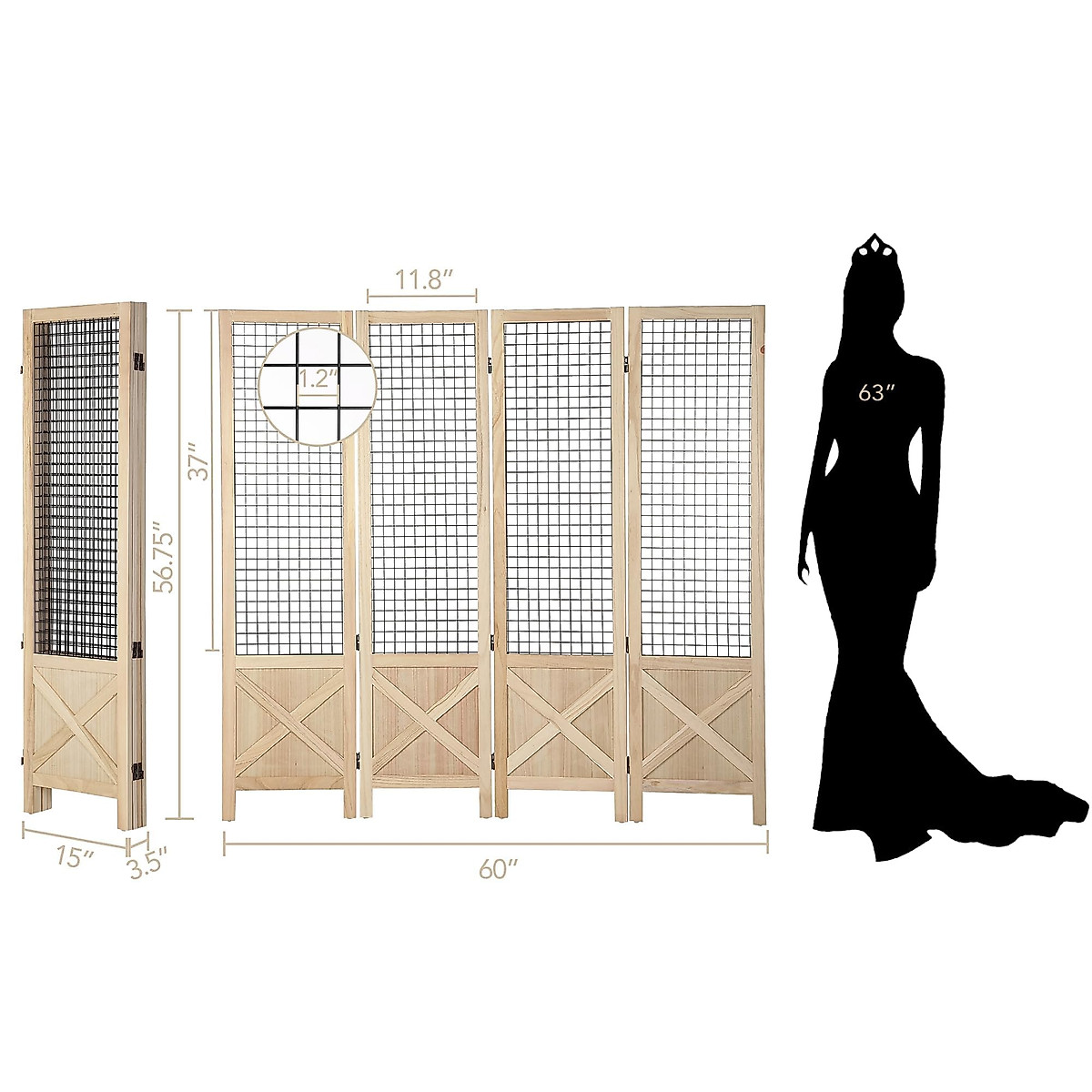 Wnutrees 4 Panel Gridwall Display, Portable Freestanding Display Board for Craft/Art Shows, Retail, Events, Decorative Wood Room Divider Folding Screens, Natural