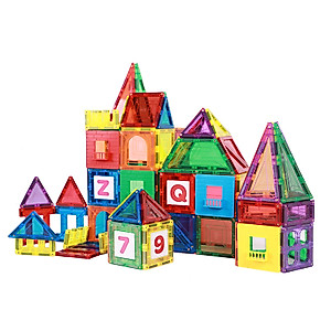 JUMAGA 3D Magnetic Tiles and Stack Building Toys 108pcs Magnet Blocks Set with Alphabet Card STEM Educational Preschool Birthday Gifts for Toddlers Kids Age 3+