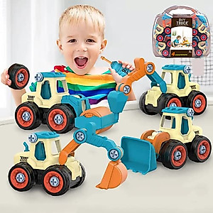 YLTTZH 4 Pack Take Apart Construction Trucks Cars Toys for Boys 3+ Year Old,STEM Montessori Trucks Toys with Drill,Construction Trucks Engineering Trucks Toys Playset for 3 4 5 6 7 8 Year Old Boys