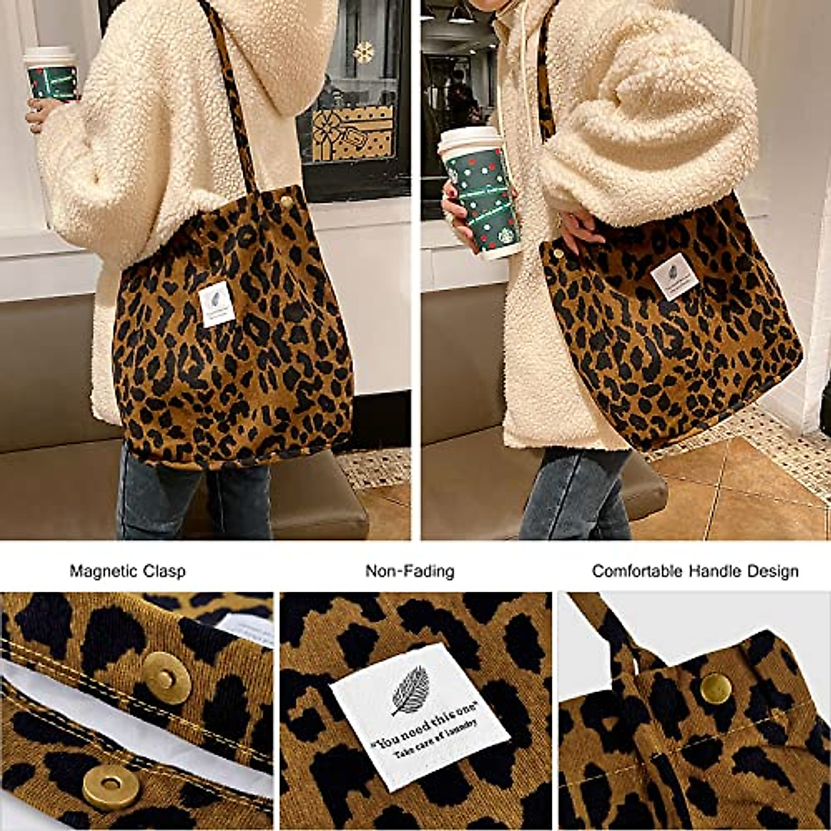 Corduroy Tote Bag for Women Girls Shoulder Bag with Inner Pocket For Work Beach Lunch Travel Shopping Grocery (Leopard Print, 1 Pcs)