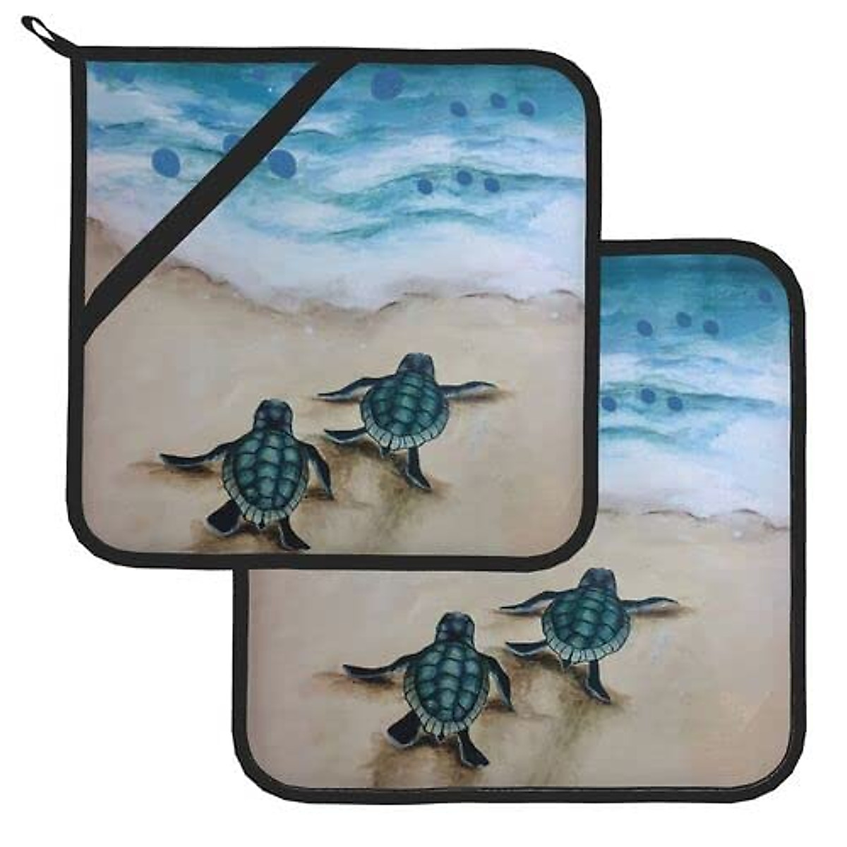 Watercolor Turtles on The Beach Pot Holders for Kitchen,Heat Resistant Pot Holders Sets Oven Hot Pads Terry Cloth Pot Holders for Cooking Baking 2Pcs
