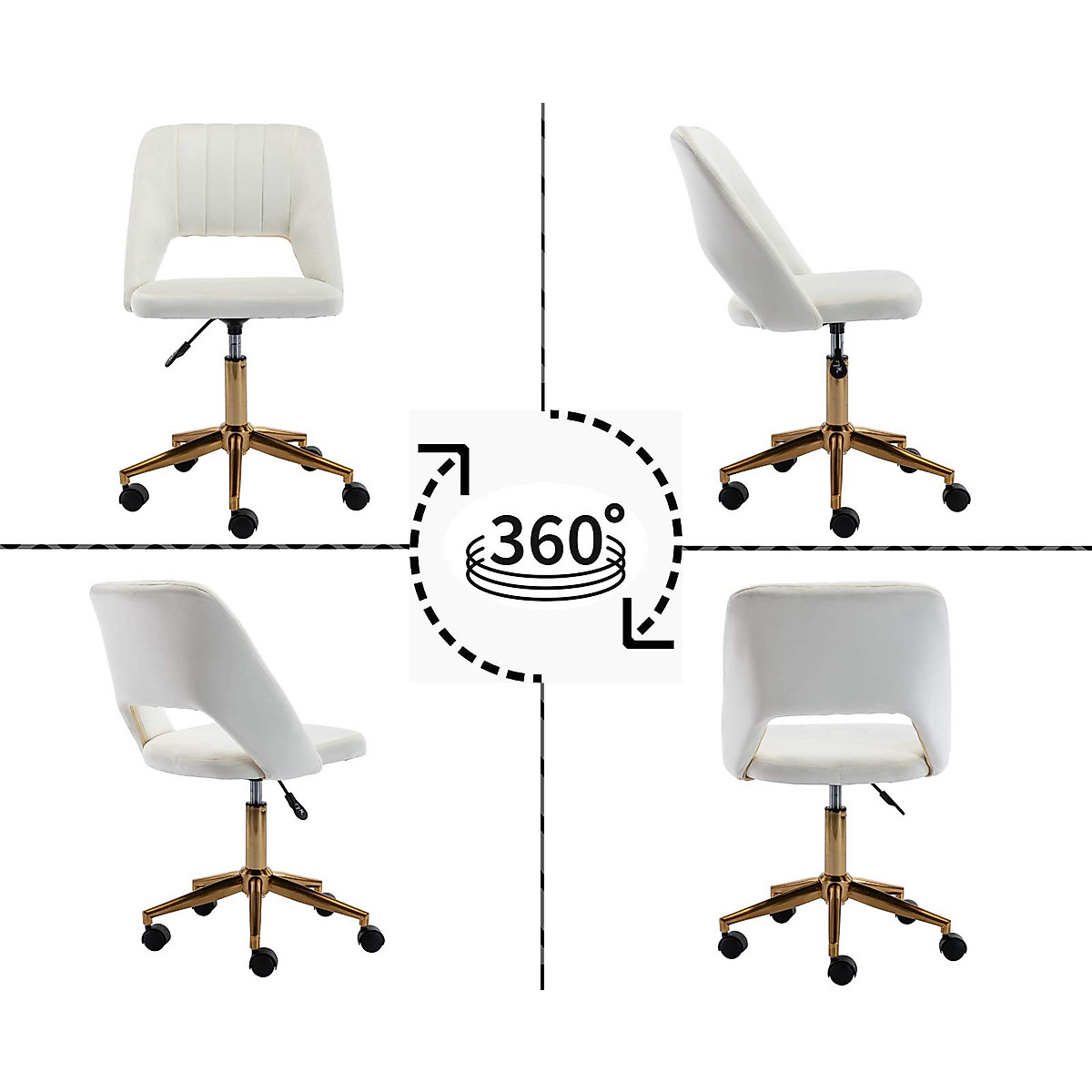 DM Furniture Velvet Office Desk Chair with Wheels, Mid Back Modern Home Office Chair Small and Cute for Bedroom, White with Gold Base