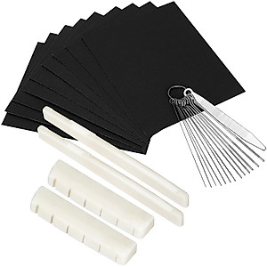 Blisstime 2 Sets (4pcs) 6 String Acoustic Guitar Bone Bridge Saddle and Nut, Made of Real Bone with 9 Pcs Sand Paper, Stainless Steel Needle Files of 13 Sizes