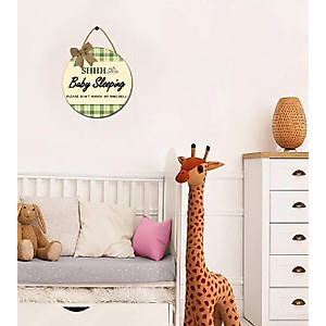 Sokomurg Shhh... Baby Sleeping Sign for Front Door,Please Don't Knock or Ring Bell Hanging Sign Plaque, Round Rustic Wooden Door Hanger for Baby Room, Nursery, Kindergarten, Bedroom, Door Knob Door Decor