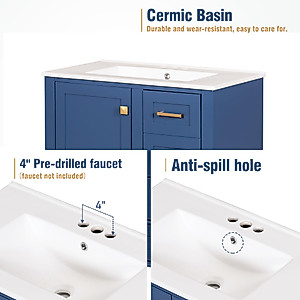LostCat 30-inch Navy Bathroom Vanity with Sink - Solid Wood,Bathroom Vanity Cabinet with 2 Drawers + 1 Tip-Out Drawer,Soft Close Doors,Easy Assembly