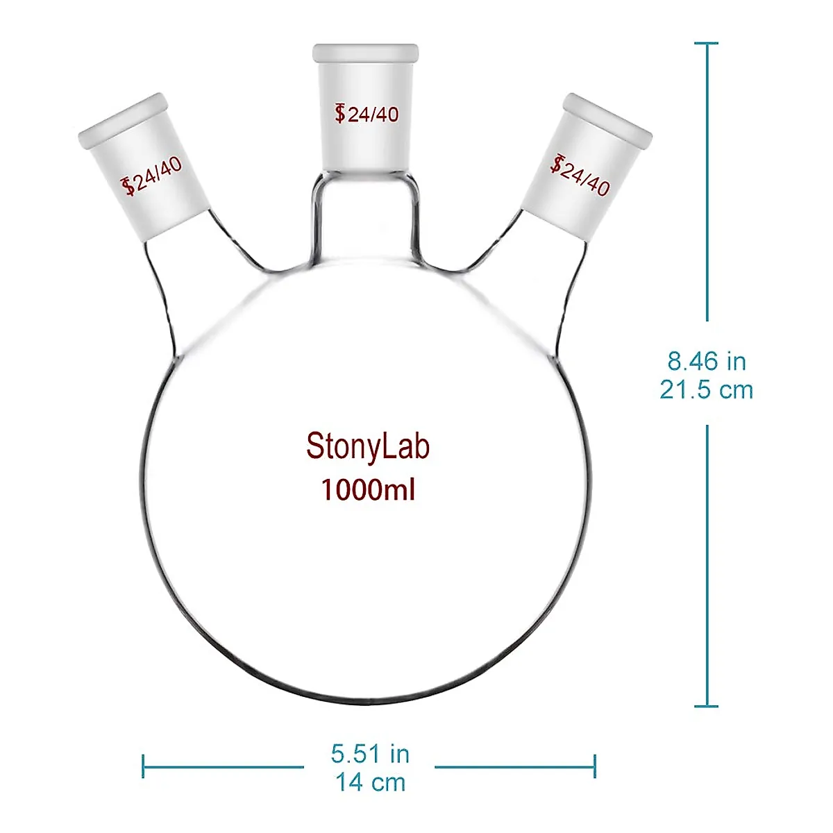 StonyLab Glass 3 Neck Round Bottom Flask RBF, with 24/40 Center and Side Standard Taper Outer Joint (1L)