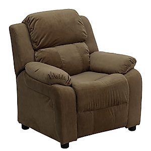 Flash Furniture Charlie Microfiber Kids Recliner with Flip-Up Storage Arms and Safety Recline, Contemporary Reclining Chair for Kids, Supports up to 90 lbs., Brown