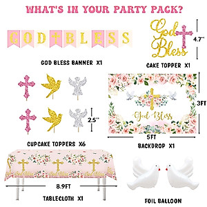 Hombae Baptism Decorations for Girls, Baptism Decorations, First Communion Christening Decorations Party Decorations for Baby Girl, Backdrop Tablecloth Balloon Banner Cake Cupcake Topper 112 PCS
