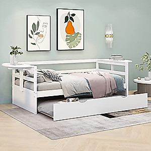 Polibi Twin Size Daybed with Trundle and Foldable Shelves on Both Sides, Wooden Sofa Bed with Wood Frame and Slats, No Spring Box Needed