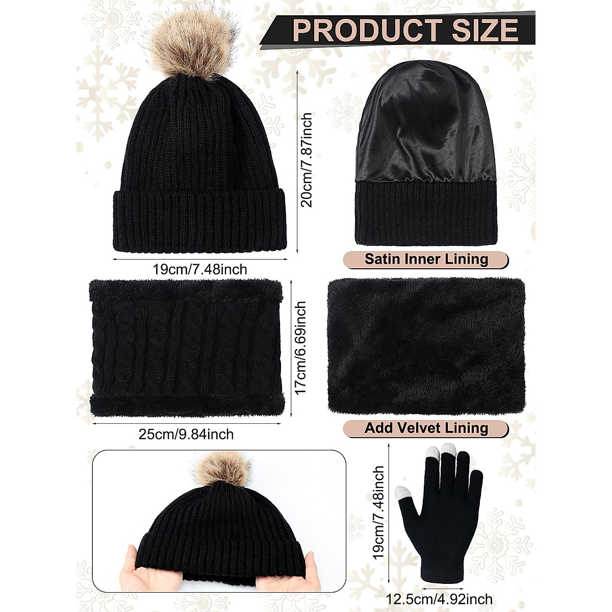 Eurzom 5 Pcs Women Warm Hat and Gloves Scarf Set Knitted Beanie Ski Outing Pompom Hat Winter Ear Warmer Ski Earmuffs Stocking (Black)