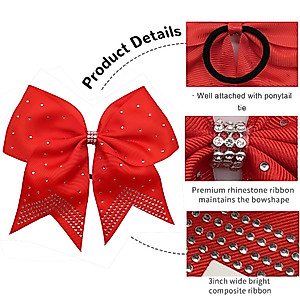Large Cheer Hair bows with Rhinestones,Cheerleading Bow with Ponytail Holder Elastic Band for Cheerleaders Teen Girls College Sports (Red)