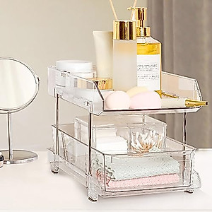 YESBAY Pull Out Organizers and Dividers Desktop Rack Double Layer with Dividers Pull-Out Design Multi-Purpose Stackable Trays Under Sink Closet Organizers Home for Kitchen Bathroom Cabinet Clear