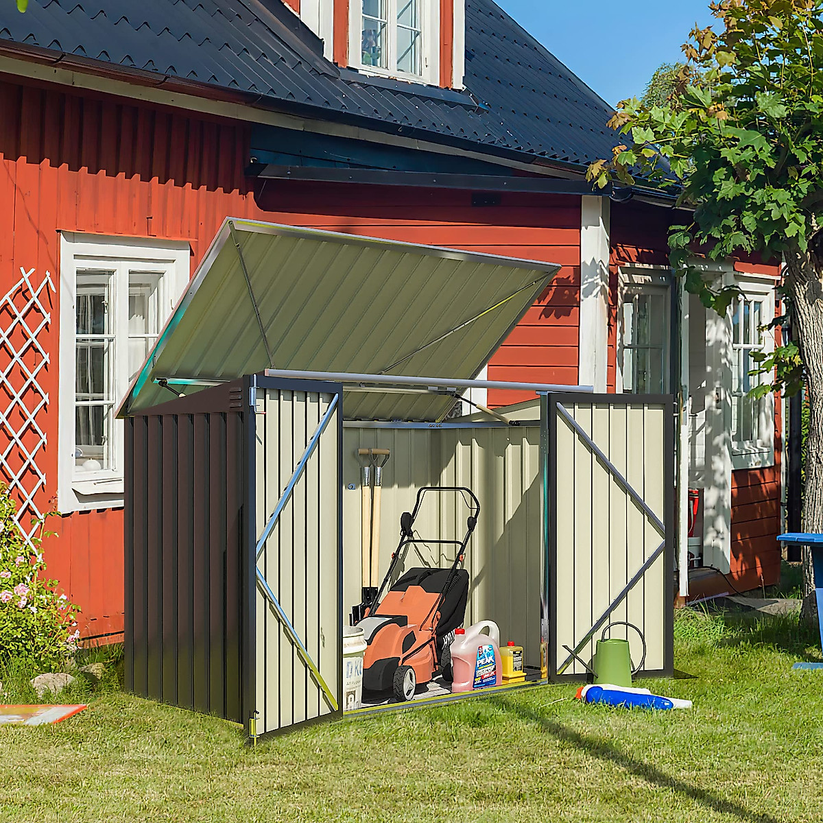 Greesum 5.8x3.3 FT Outdoor Storage Shed Metal Garbage Shed with Lid Chain Hydraulic Gas Rod for Lawn Tools,Bikes,Toys,Garbage Bin,Black