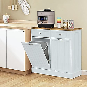 J-SUN-7 Double Tilt Out Trash Cabinet - Wooden Free Standing Kitchen Trash Can with 2 Hideaway Drawers, Multifunctional Trash Can Cabinet with Removable Cutting Board, White