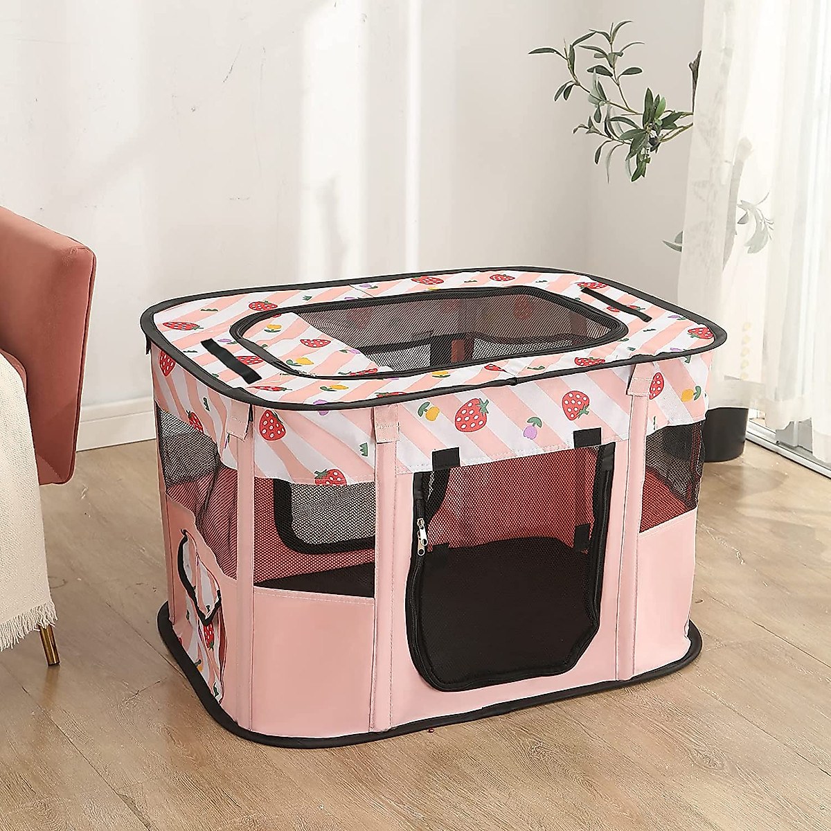 VARMTOR Puppy Playpen, Portable Dog Play Pen, Sturdy Cat Playpen, Foldable pop up pet Tent, Pet Playground Indoor/Outdoor (L, Pink) CF-01