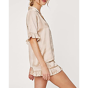 Women's Silk Satin Pajamas Set Ruffle Short Sleeve Sleepwear Button Down Two-Piece Pjs Shorts Set Loungewear Beige