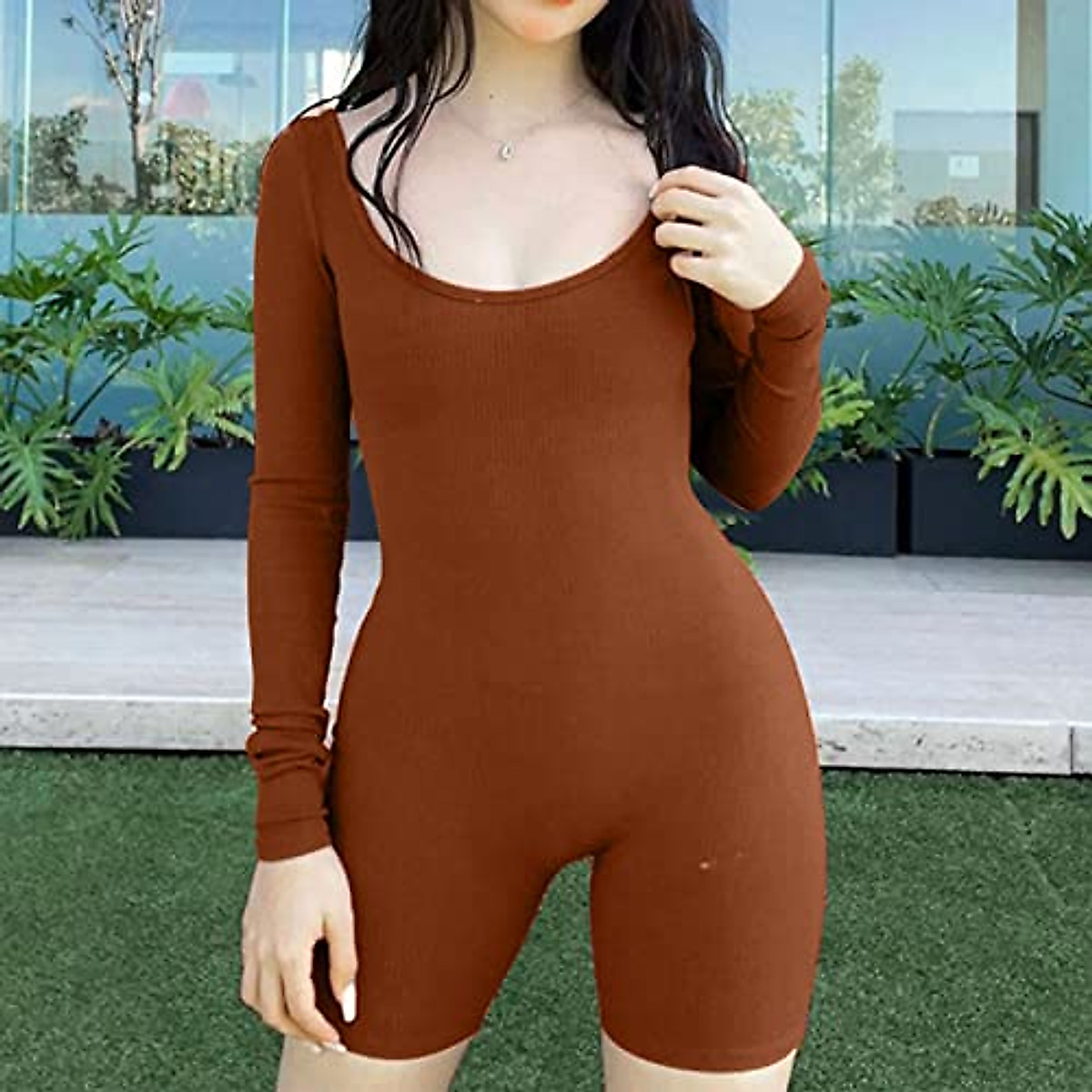 Ceboyel Womens Knitted Rompers Long Sleeve One Piece Outfits Scoop Neck Bodycon Short Jumpsuit Casual Trendy Clothes