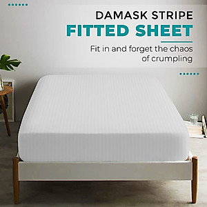 Feather & Stitch 100% Cotton 1 Piece Damask Stripe King Fitted Sheet 500 Thread Count White Luxury Sateen Weave with 2 Extra Pillow Cases