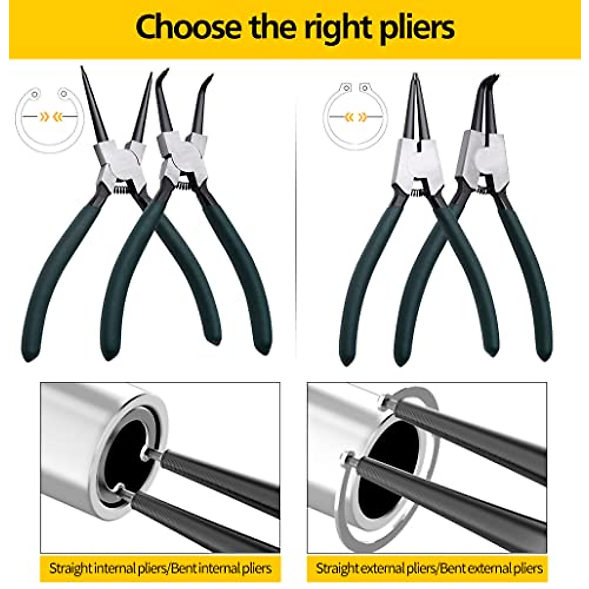 LFSEMINI Snap Ring Pliers Set, 4pcs 7" Internal/External Circlip Pliers Kit with Straight/Bent Jaw, Heavy Duty Precision Spring Loaded Pliers for Ring Remover Retaining and Remove Hoses, Gaskets
